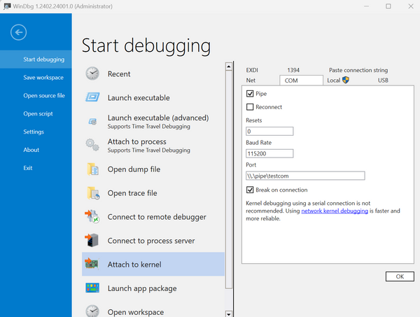 Remote Kernel Debugging Windows virtual machine (Generation 2) using Serial COM running inside ...